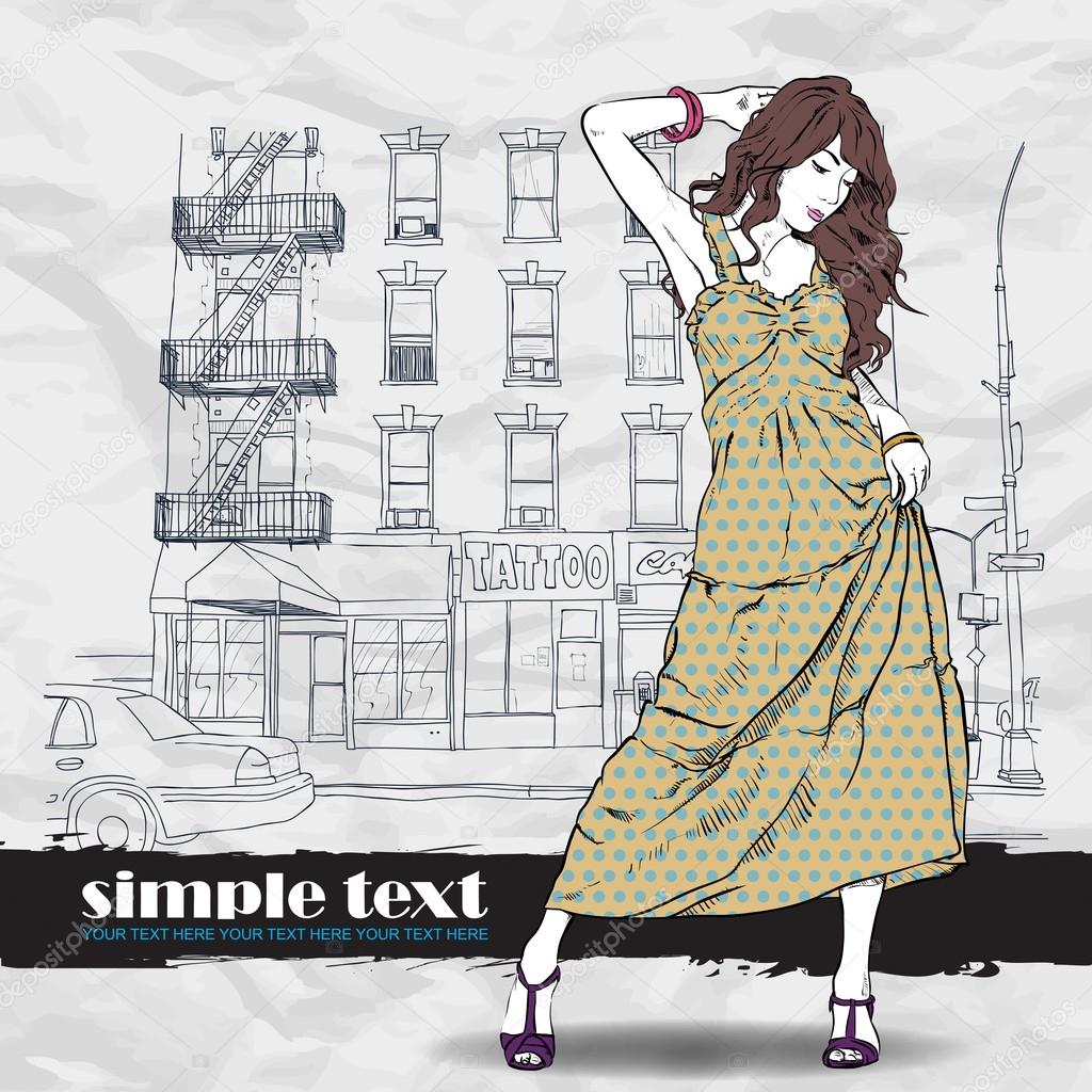 Fashion girl in sketch-style on a city-background. Stock Vector Image ...