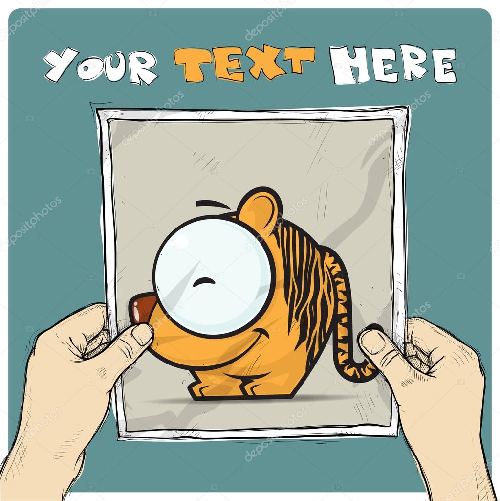 Drawing of a sheet of paper with cartoon tiger illustration in hands ...