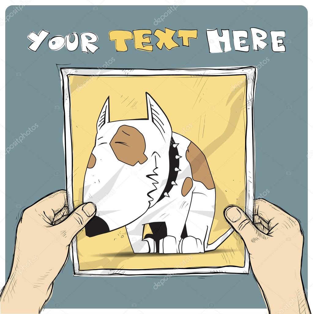 Drawing of a sheet of paper with cartoon doggy illustration in hands ...