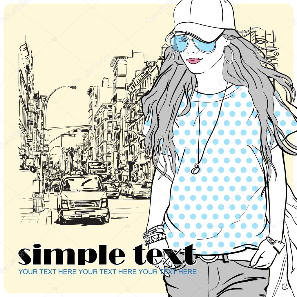 Cute fashion girl on a street background. Hand drawn vector ...