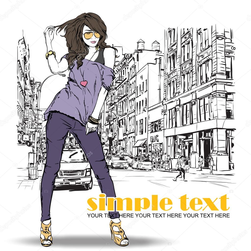 Cute fashion girl on a street background. Hand drawn vector ...