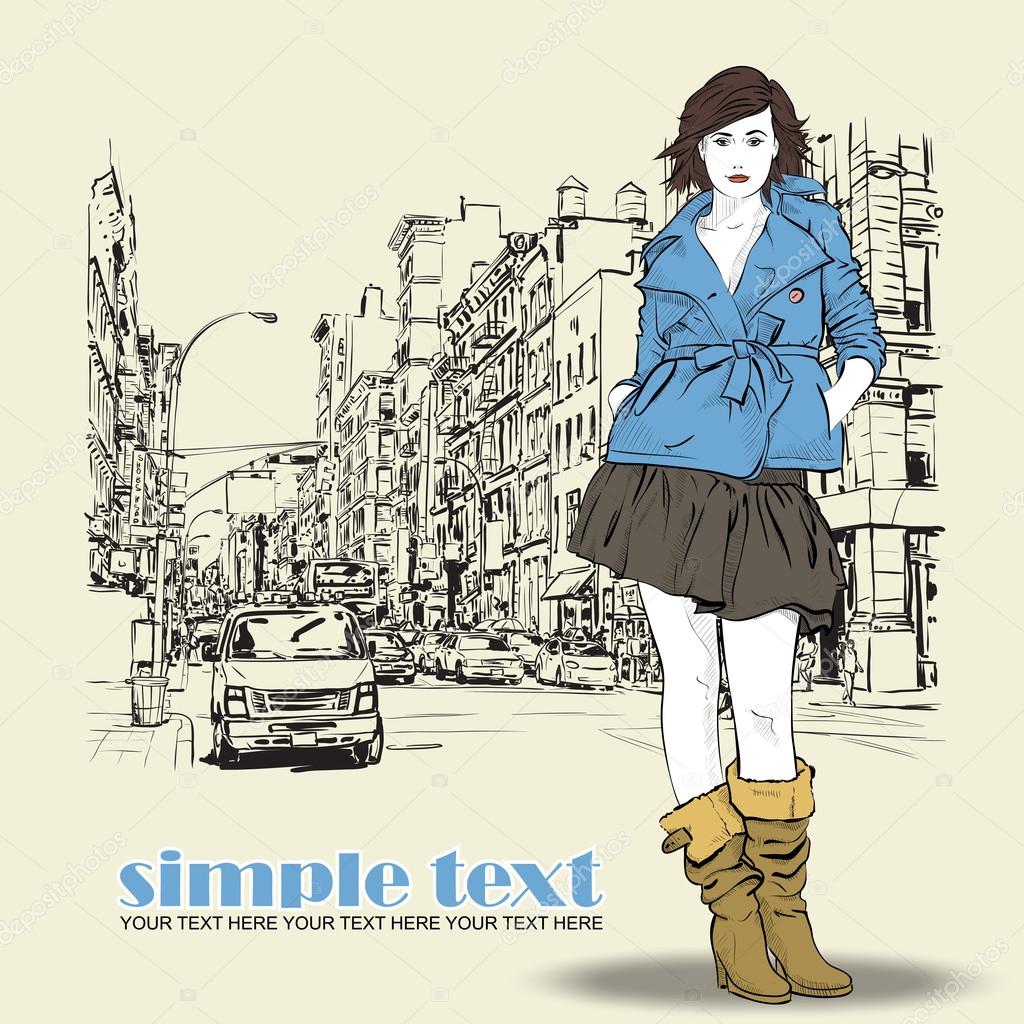 Cute fashion girl on a street background. Hand drawn vector ...