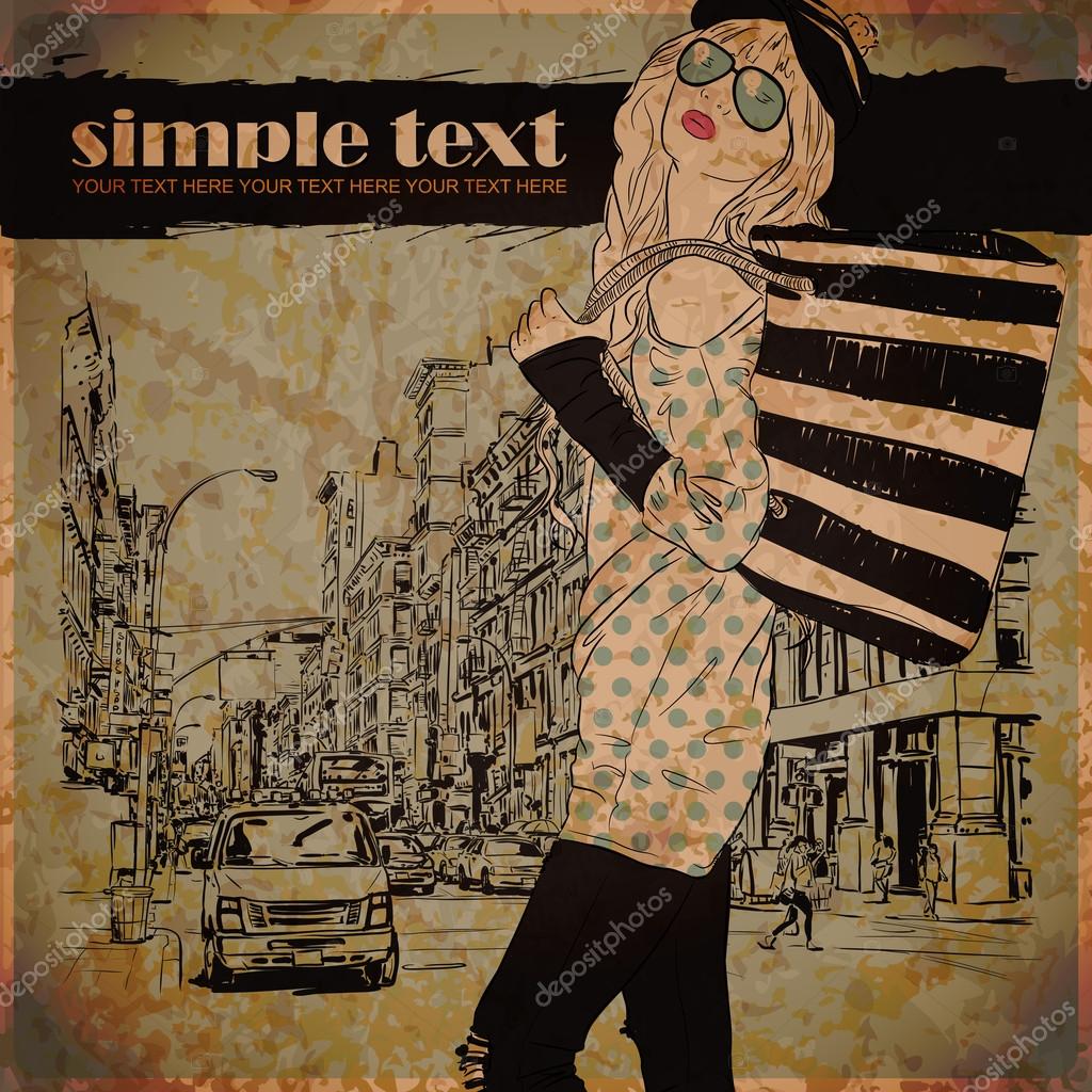 Cute fashion girl on a street background. Hand drawn vector ...