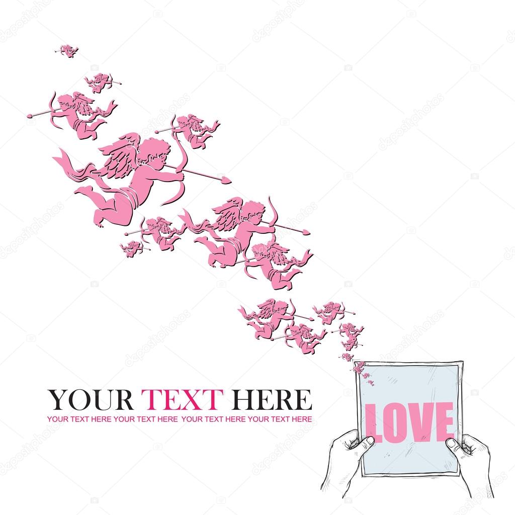 Sheet of paper in hands and cupids. Abstract vector illustration Stock ...