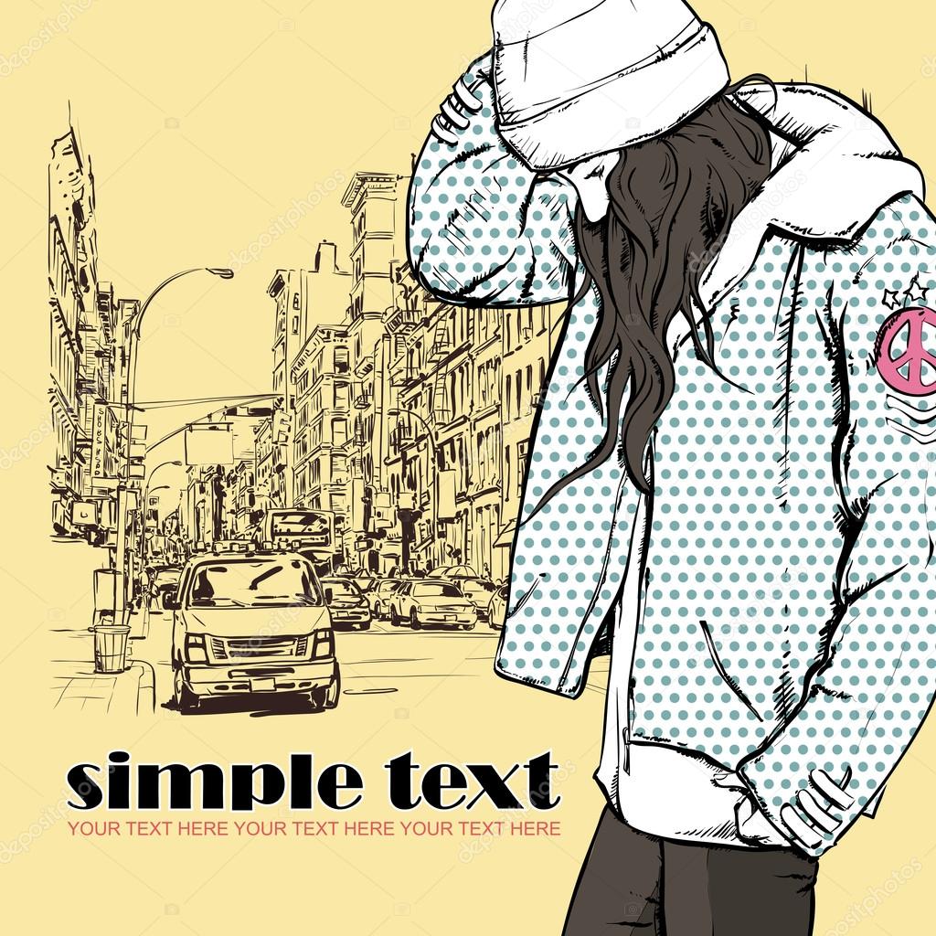 Cute fashion girl on a street background. Hand drawn vector ...