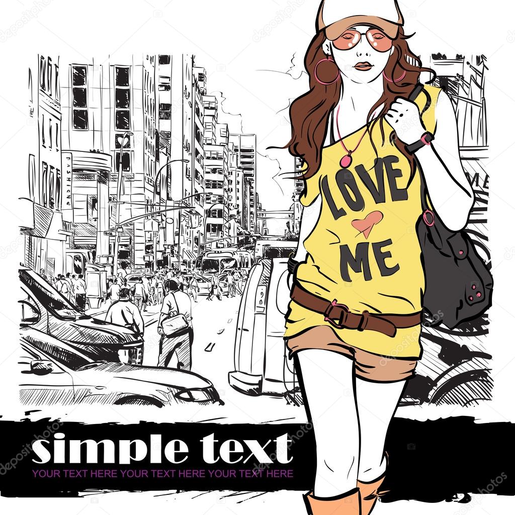 Cute fashion girl on a street background Stock Illustration by ©R_lion ...