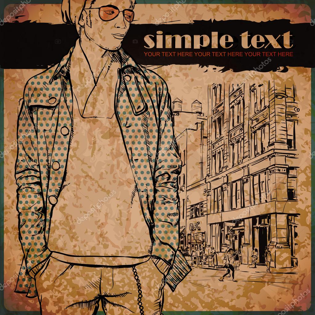 Stylish young guy on a street-background. Vector illustration. Stock ...