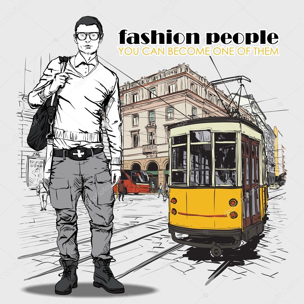 Ilustraci n vectorial de una chica de moda bonita y tranv a viejo. 2024