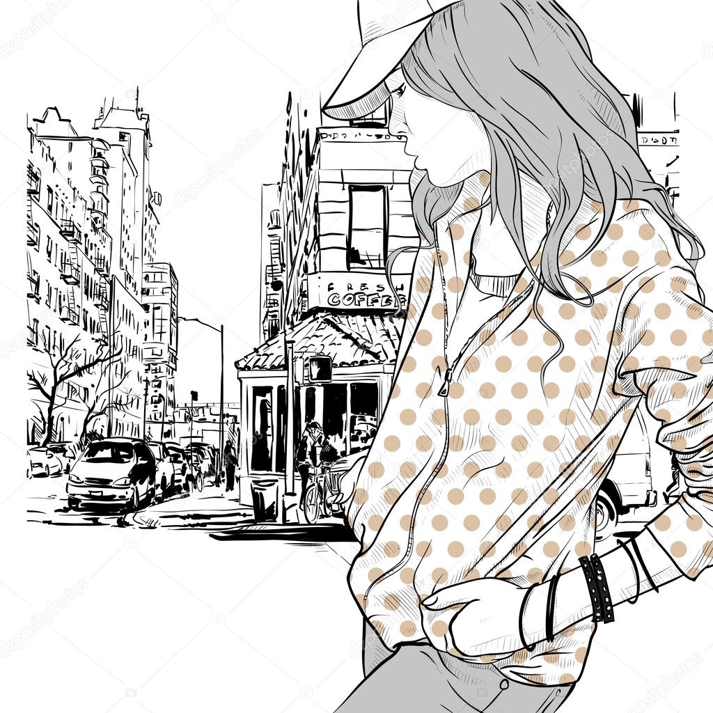 Cute fashion girl on street background Stock Vector by ©R_lion_O 33970821