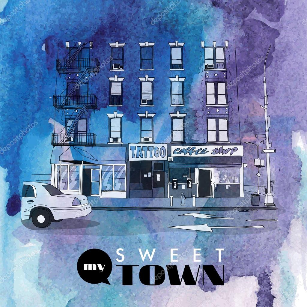 Hand drawn watercolor background with illustration of cityscape in ...