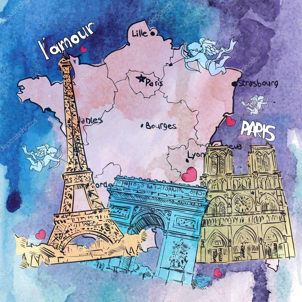 Hand drawn watercolor background with french motive — Stock Vector © R ...