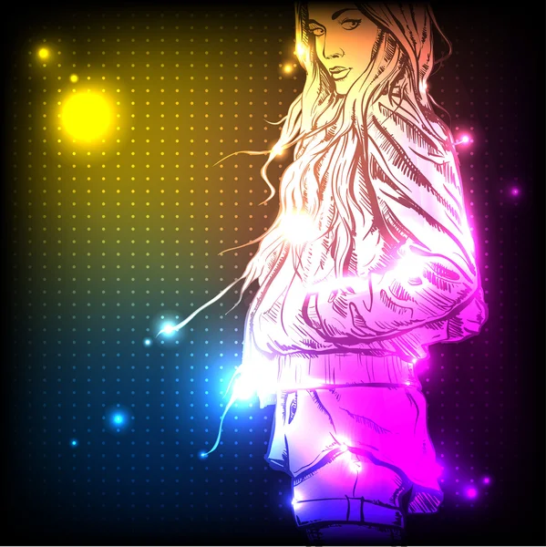 Hand drawn pretty girl. Vector. Neon light. Sketch style Stock Vector ...