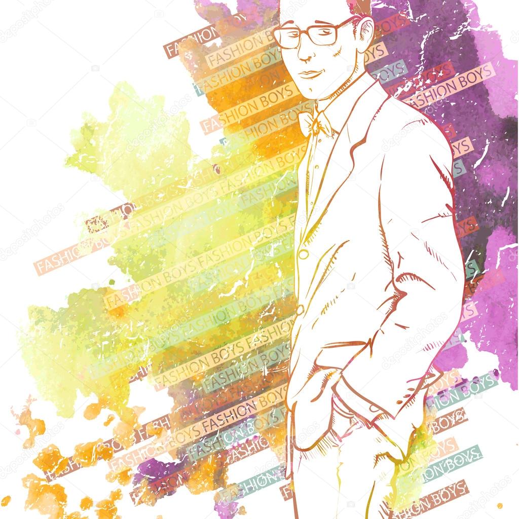 Hand drawn watercolor background with illustration of stylish guy in ...