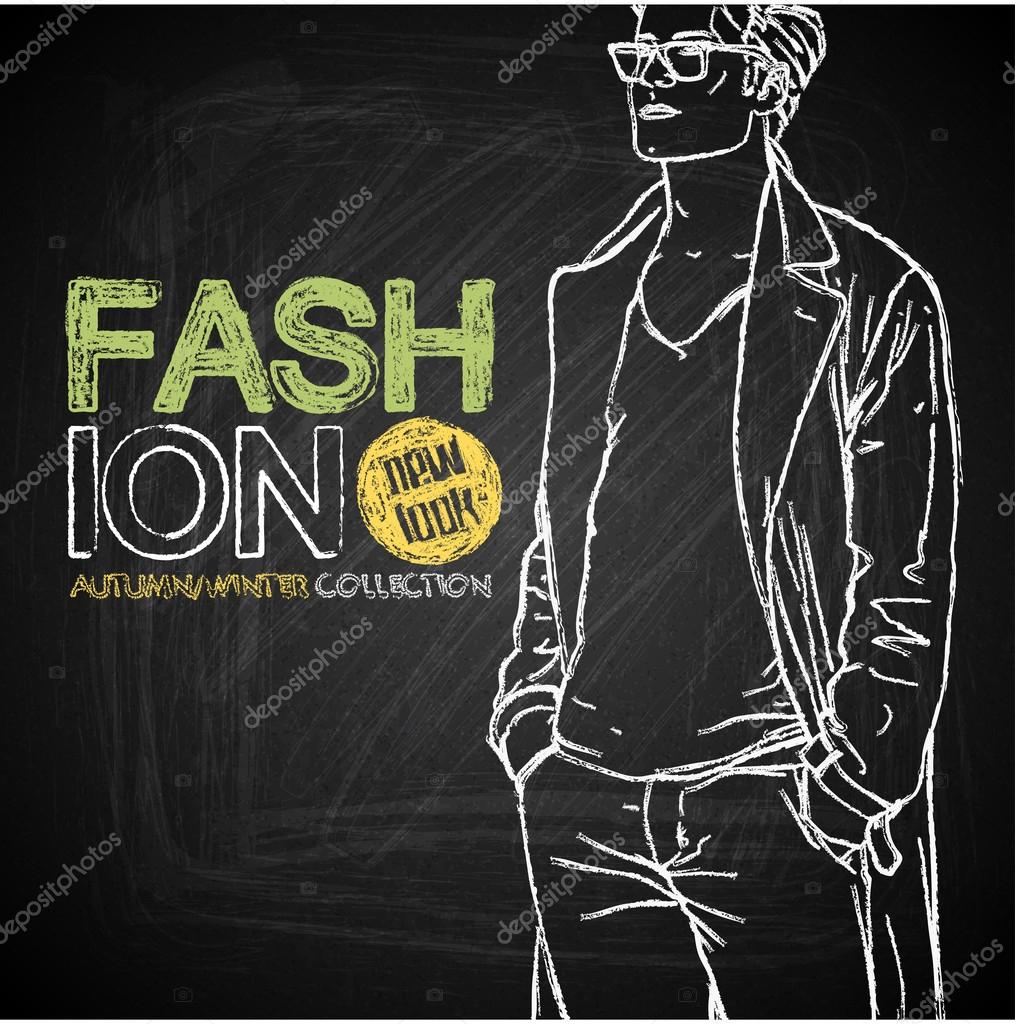Outline drawing of stylish dude on board chalk Stock Vector by ©R_lion ...