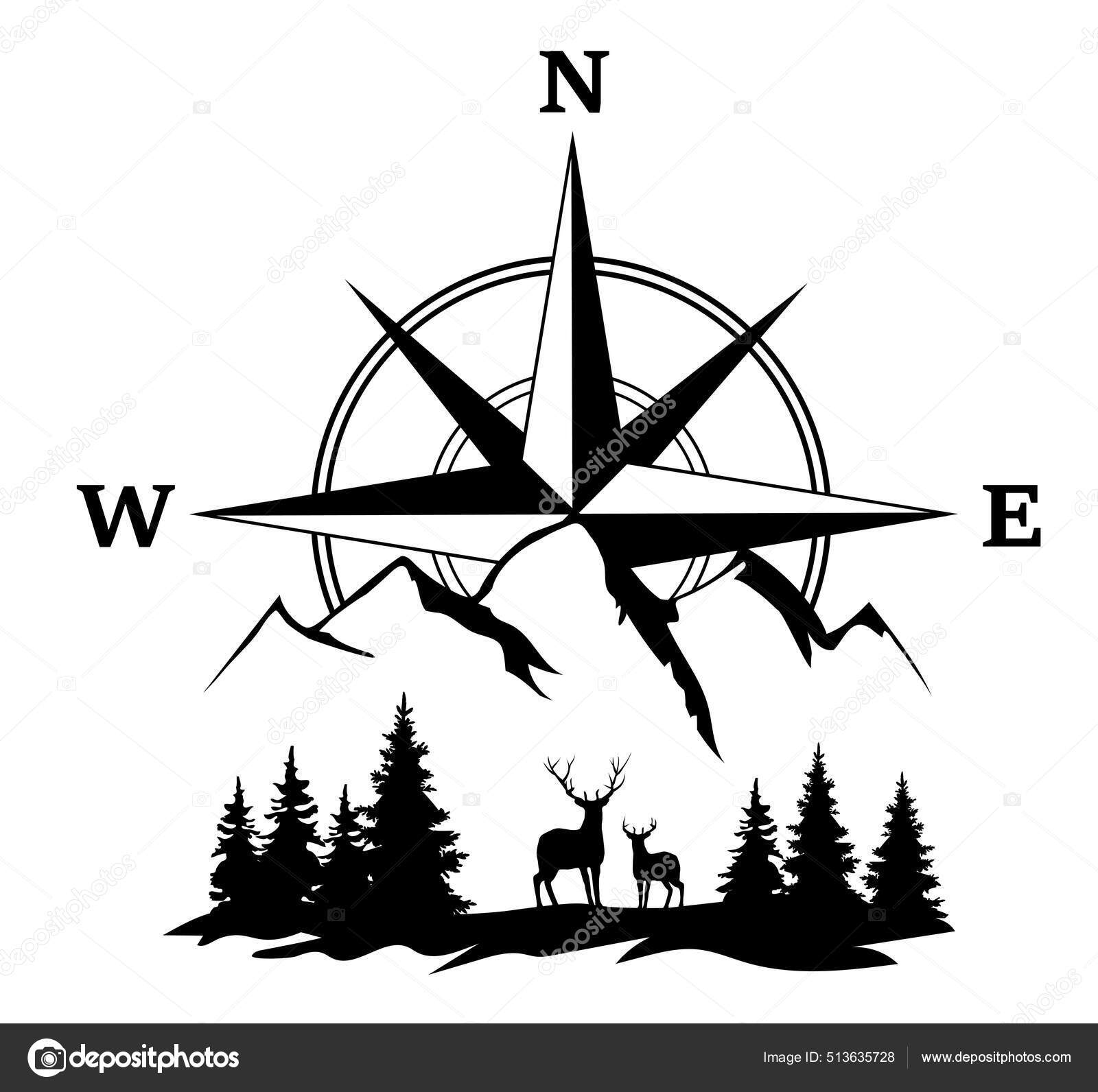 Vector Illustration Deer Forest Mountains Background Compass Rose Stock ...