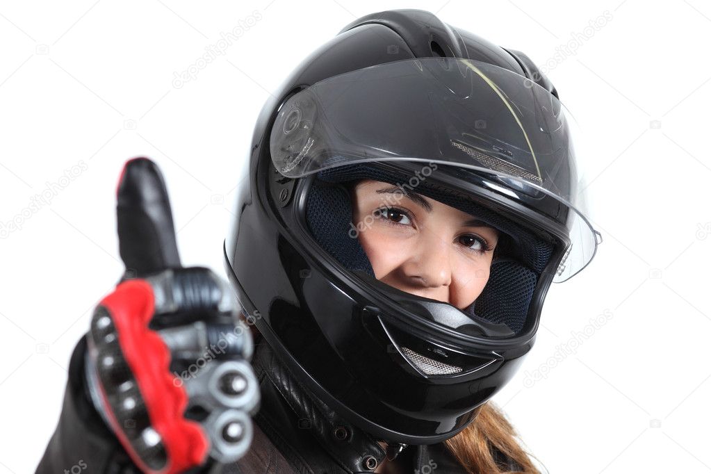 Happy biker woman with a road helmet and thumb up — Stock Photo ...