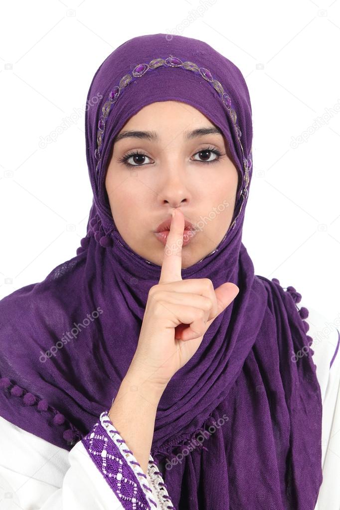 Beautiful islamic woman wearing a hijab asking for silence — Stock ...