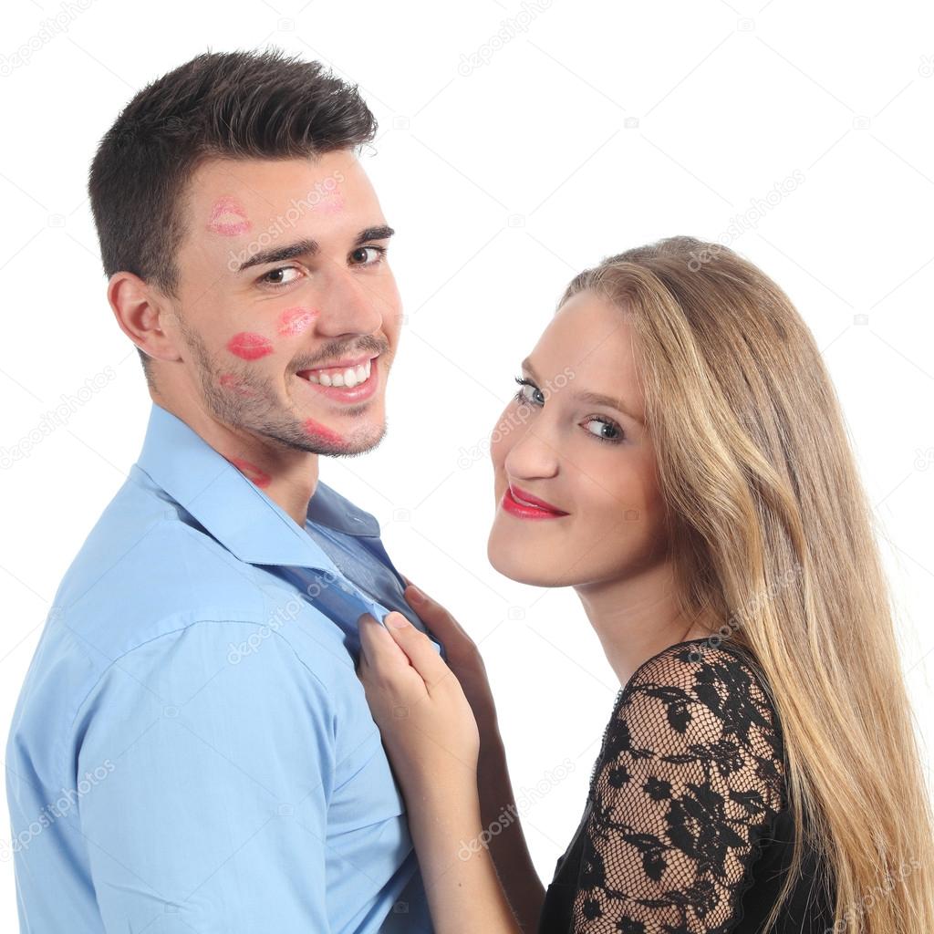 Woman grabbing a man with a lot of lipstick shapes — Stock Photo ...
