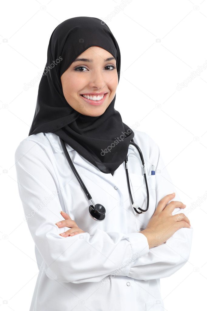 Arab female doctor posing and smiling with folded arms isolated Stock ...