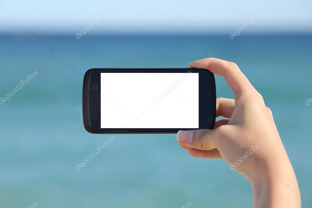 Woman hand showing a blank smart phone horizontal screen display Stock ...