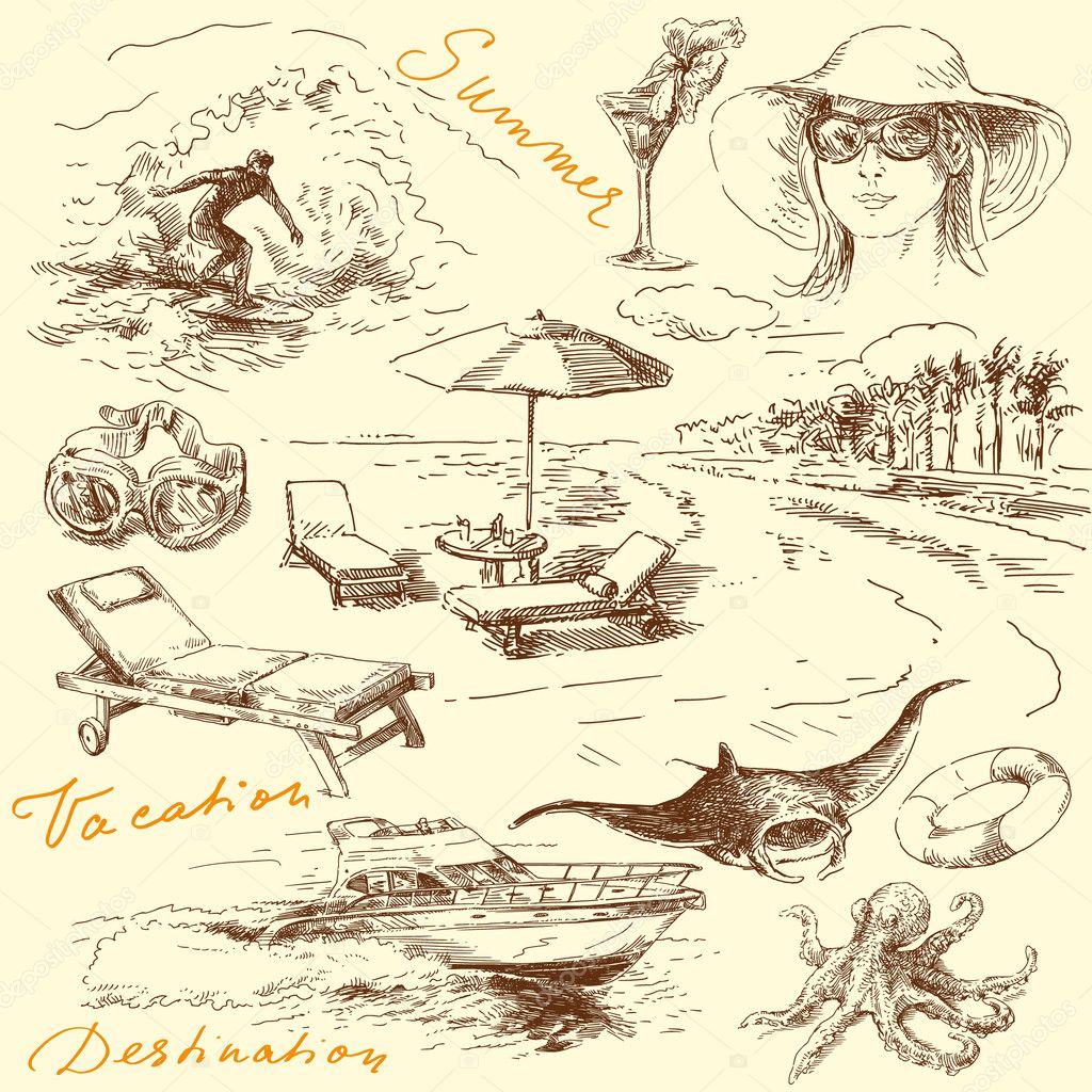 Summer vacation - original hand drawn collection — Stock Vector ...