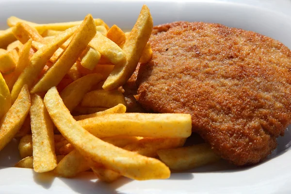 Breaded Chicken Schnitzel French Fries White Plate Stock Photo by ...