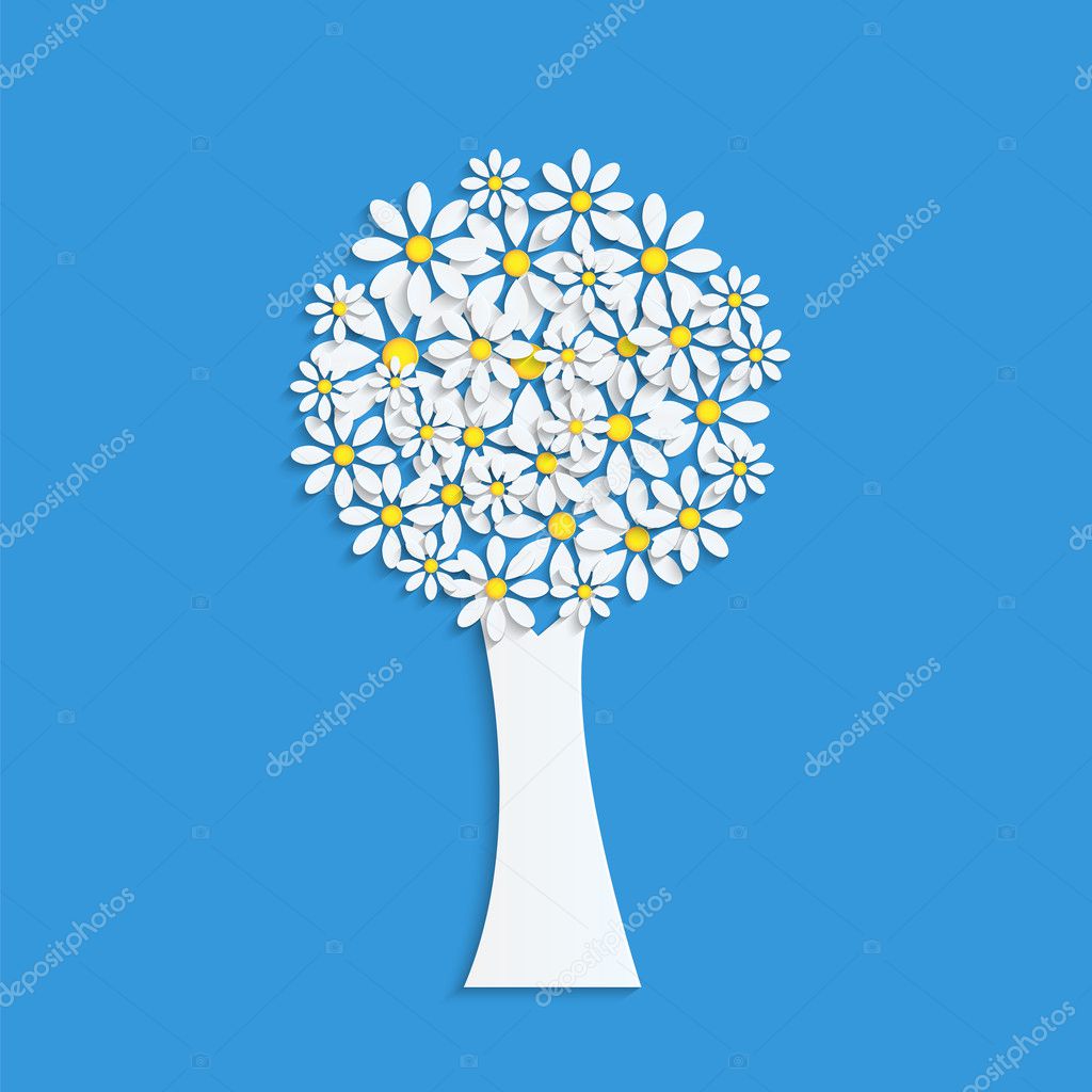 Floral design.flowering tree.tree with white flowers on a blue b ...