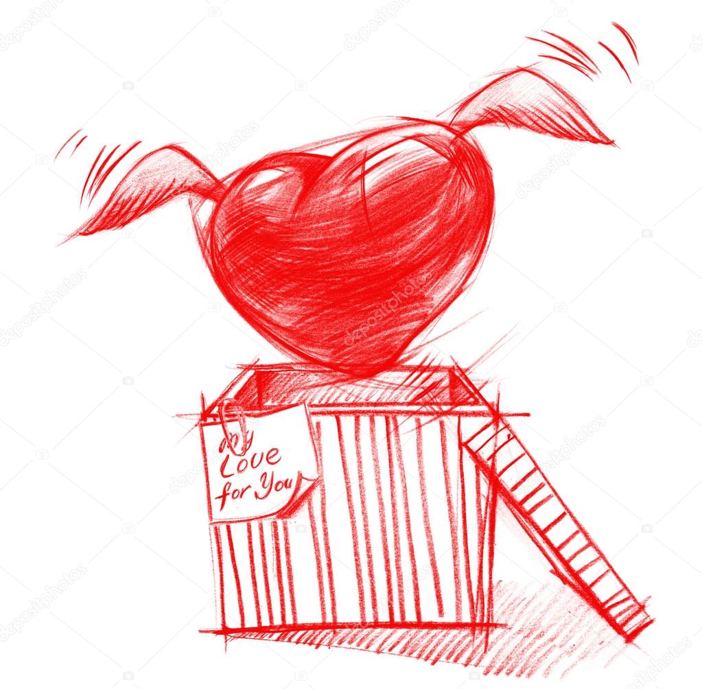 Box with Flying Heart, Sketch Drawing — Stock Photo © OlgaPink #39341087