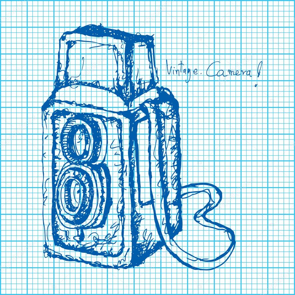 Drawing of vintage camera on graph paper vector — Stock Vector ...