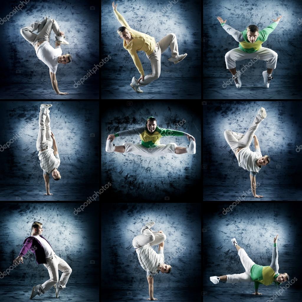 Set of diffrent photos with the man dancing breakdance and hip-h ...