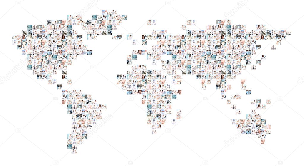 Mapa mundial de diferentes elementos médicos con médicos que trabajan ...