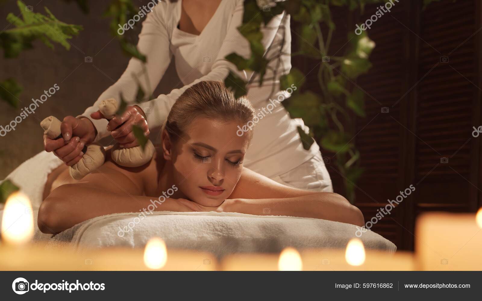 Young Healthy Beautiful Woman Gets Massage Therapy Spa Salon Concept — Stock Photo © shmeljov ...