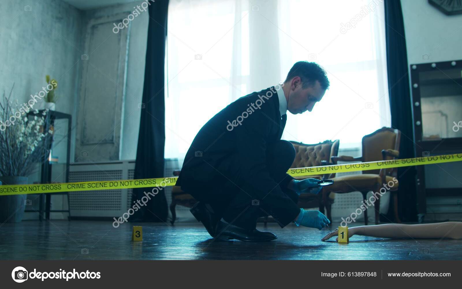 Detective Collecting Evidence Crime Scene Forensic Specialists Making ...
