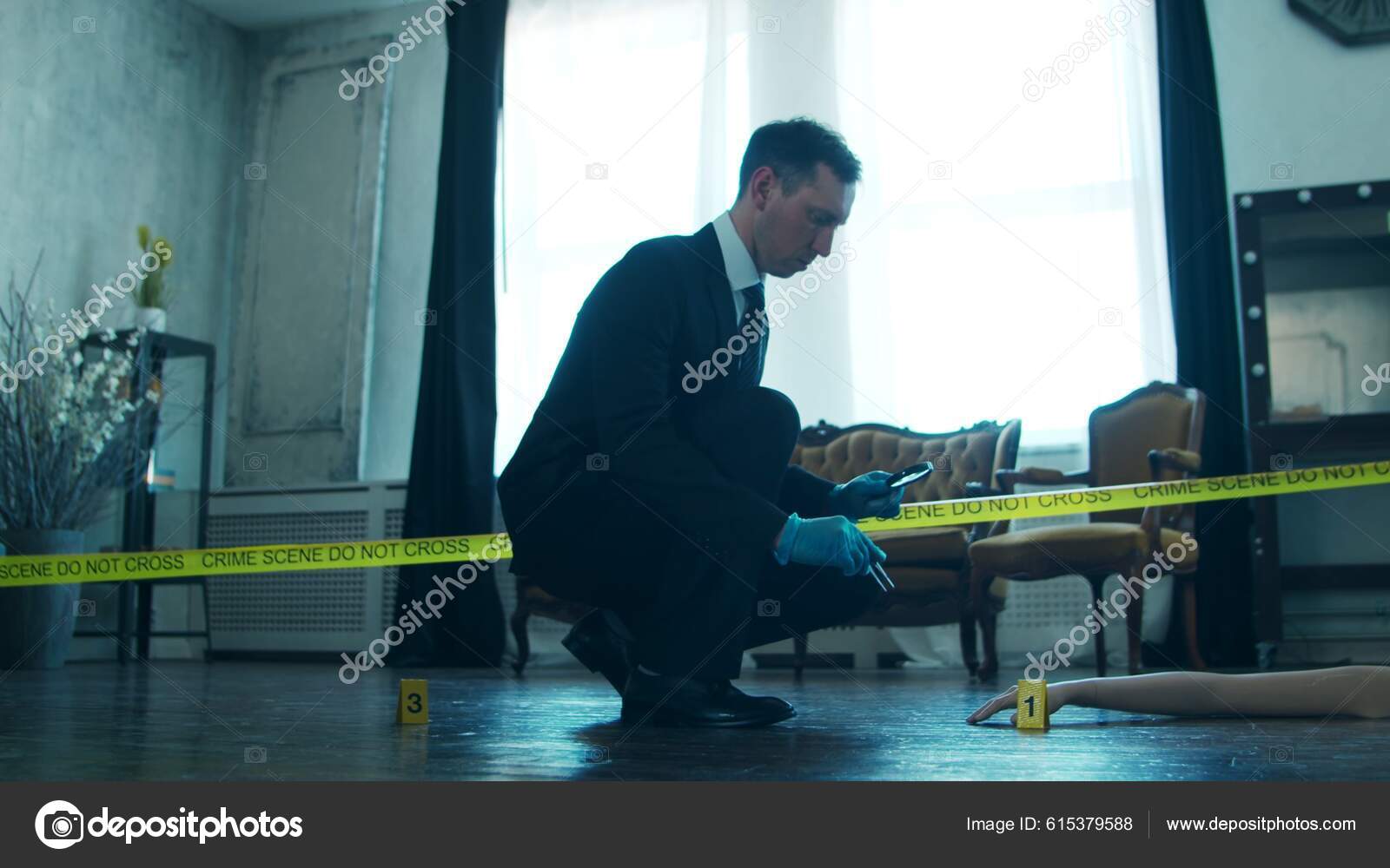 Detective Collecting Evidence Crime Scene Forensic Specialists Making ...