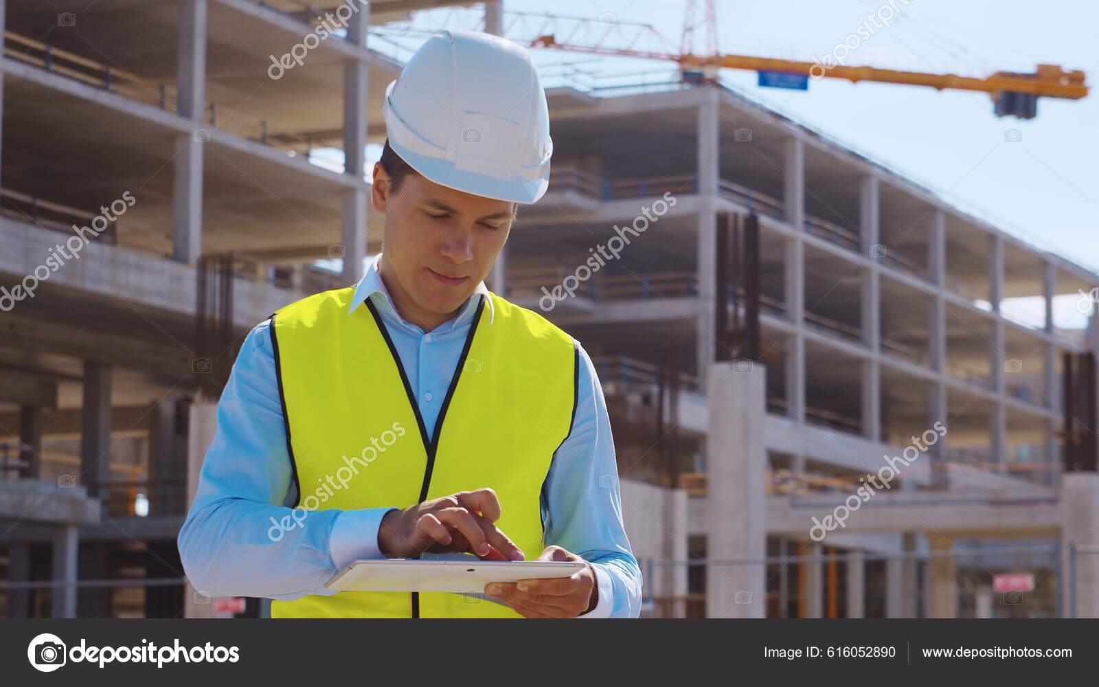 Professional Builder Standing Front Construction Site Foreman Hardhat ...