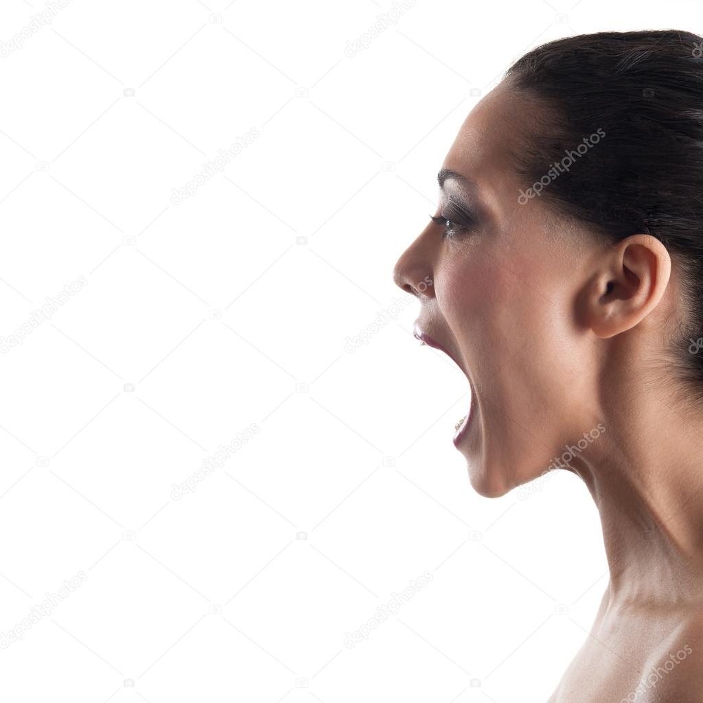 Woman profile shouting against white background with copy space Stock ...