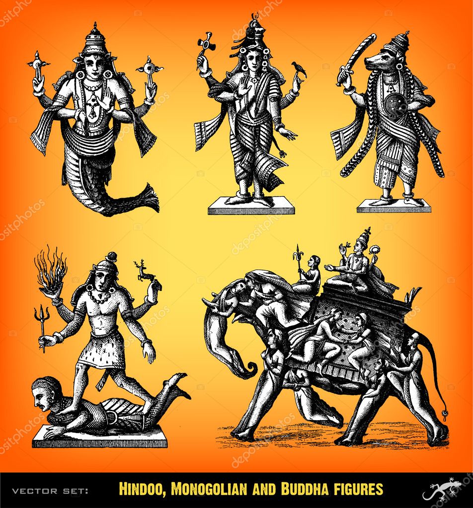 Engraving vintage Hindoo statues set. Stock Vector Image by ©pio3 #22178277