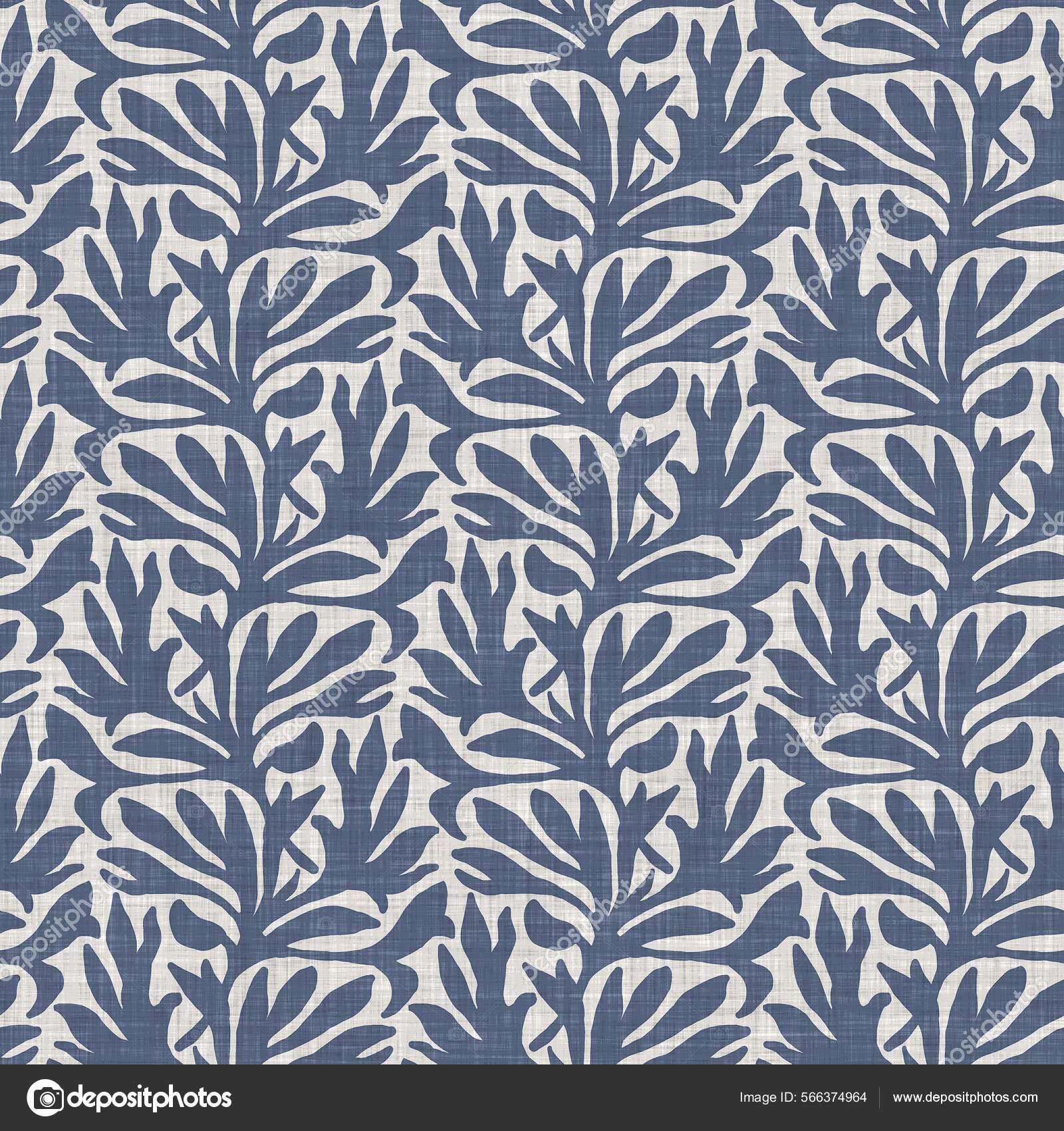 French blue botanical leaf linen seamless pattern with 2 tone country ...