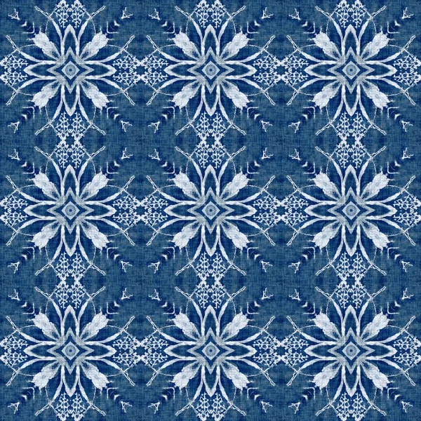 Indigo blue snow flake damask pattern background. Frosty painterly ...