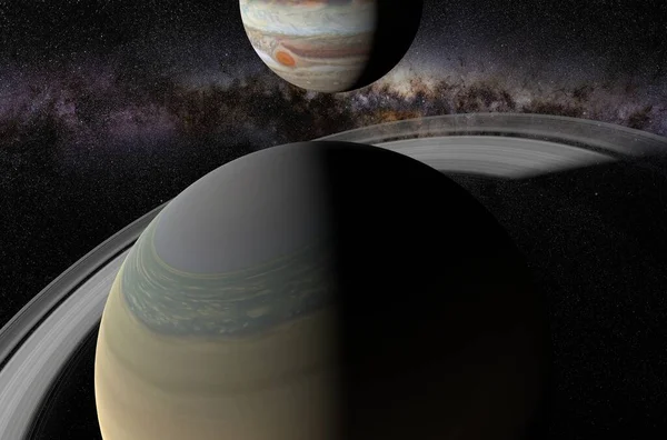 Saturn and Jupiter in the solar system - 3d illustration, closeup view ...
