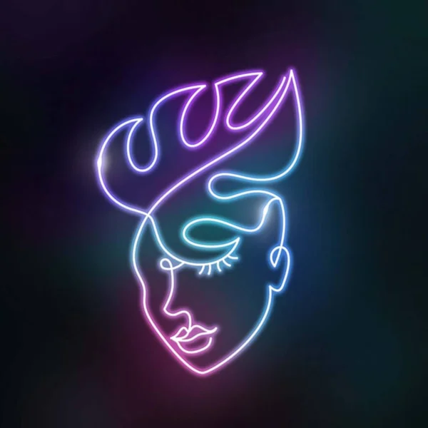 Neon face of a woman in a modern abstract minimalist one line style ...