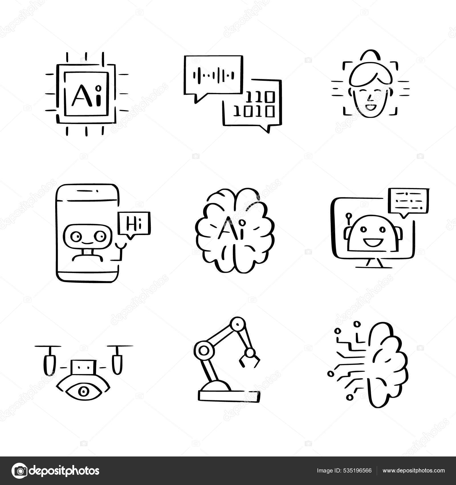 Artificial intelligence doodle icons set. Robotic hand and assistance ...