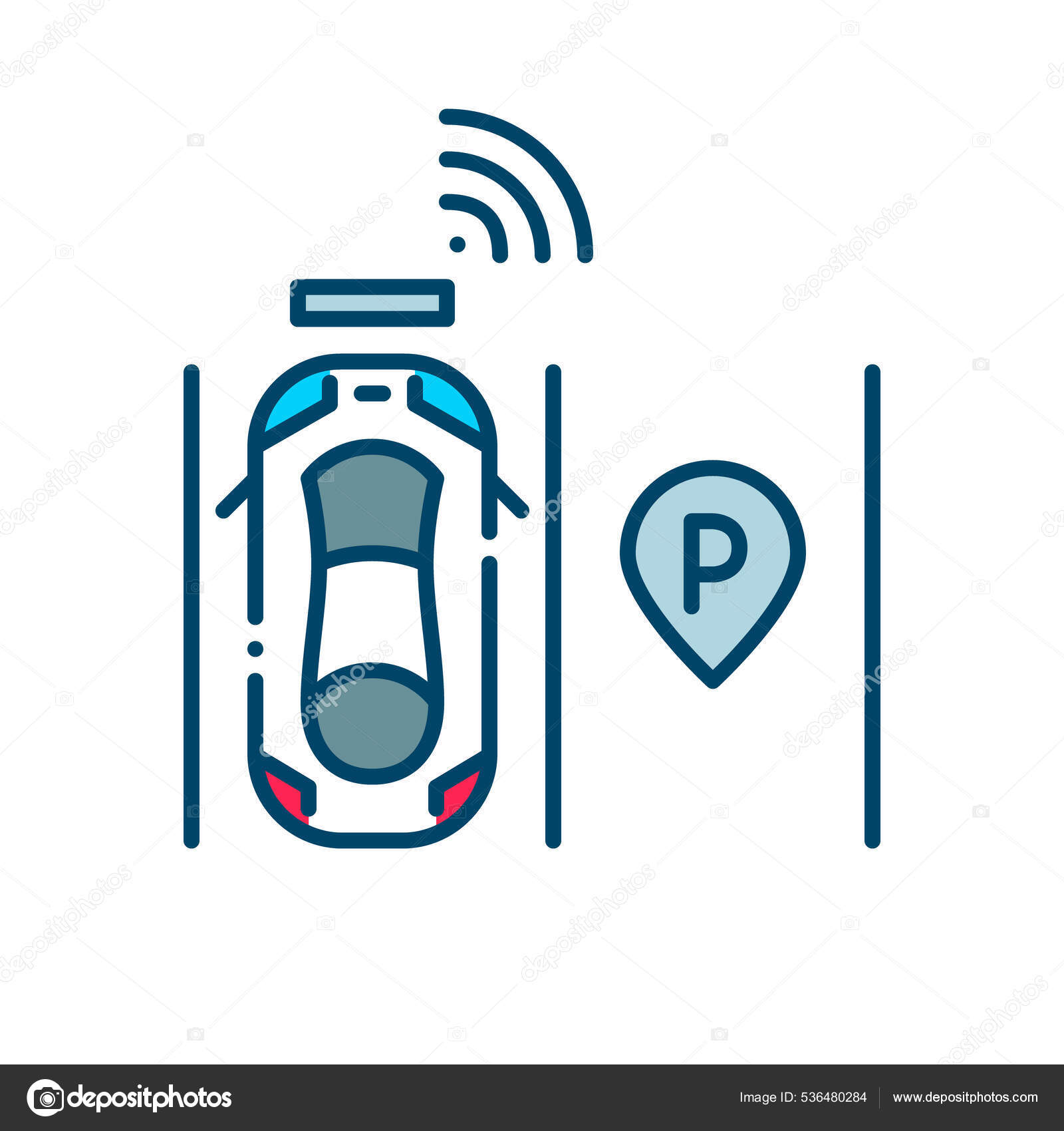 Smart parking colorful icon. Parking space equipped with sensors and wireless data transmission ...