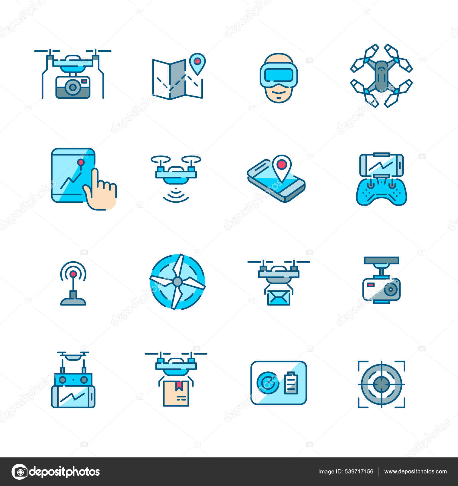 Set of drone related icons. Camera mounts, controller, front view and ...