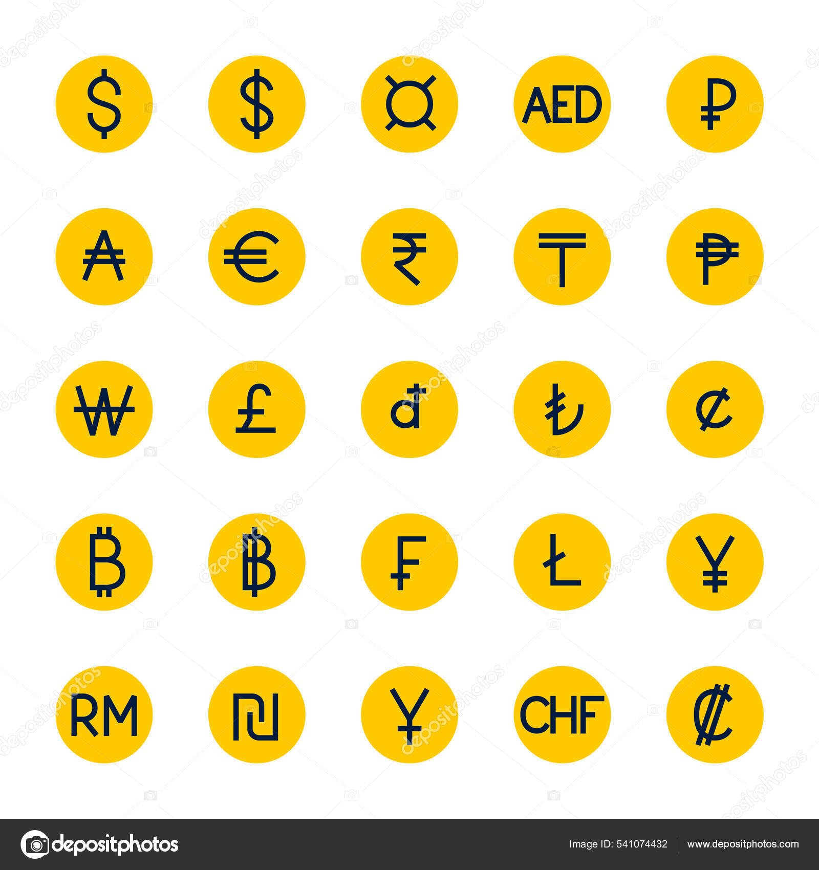 Currency symbols set. 25 main world currencies. Color editable stroke ...
