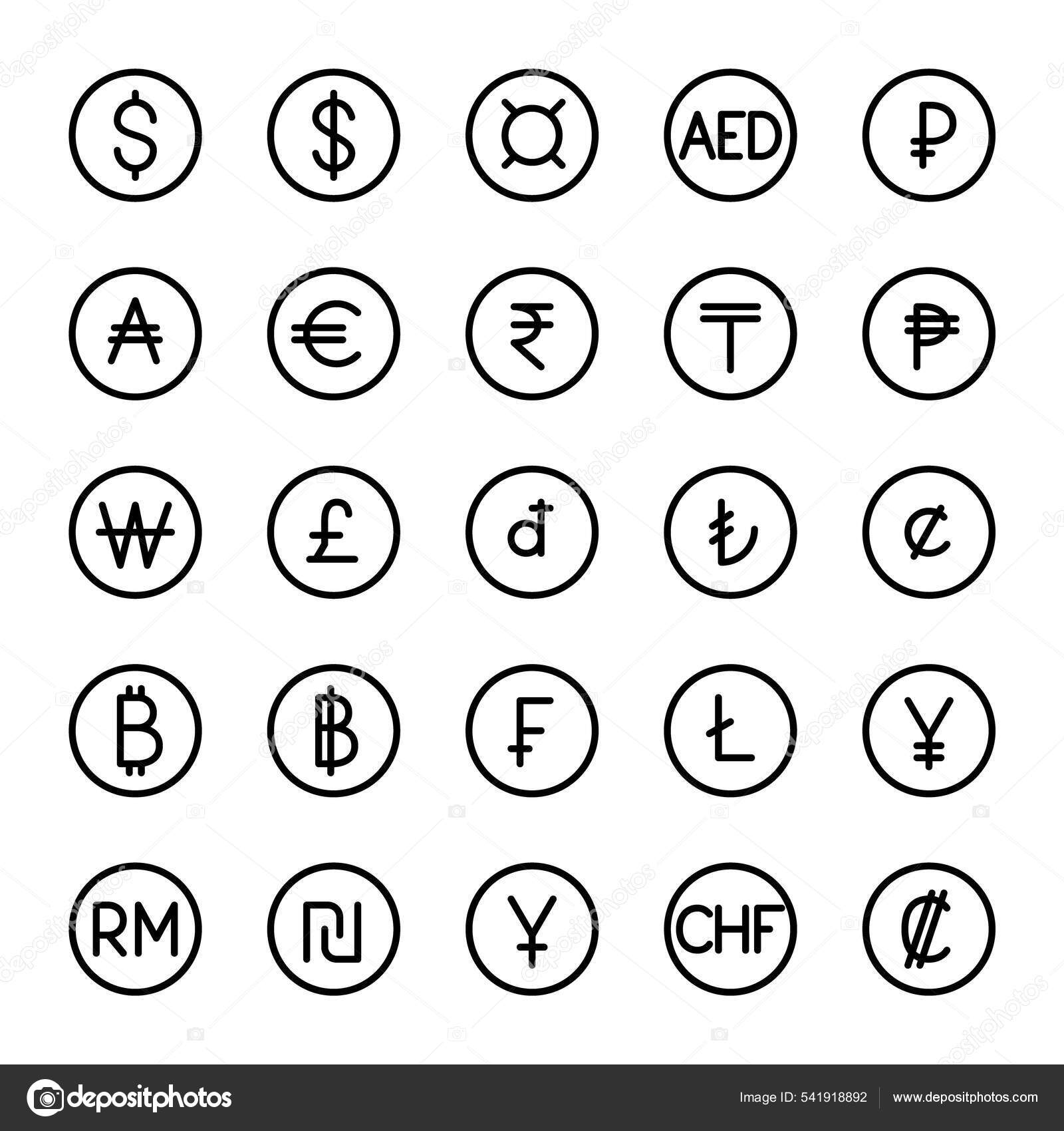 Currency symbols set. 25 main world currencies. Pixel perfect, editable ...