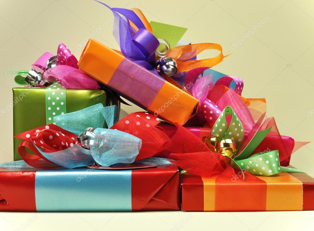 Stack of Bright Color Present Festive Holiday Gifts — Stock Photo ...