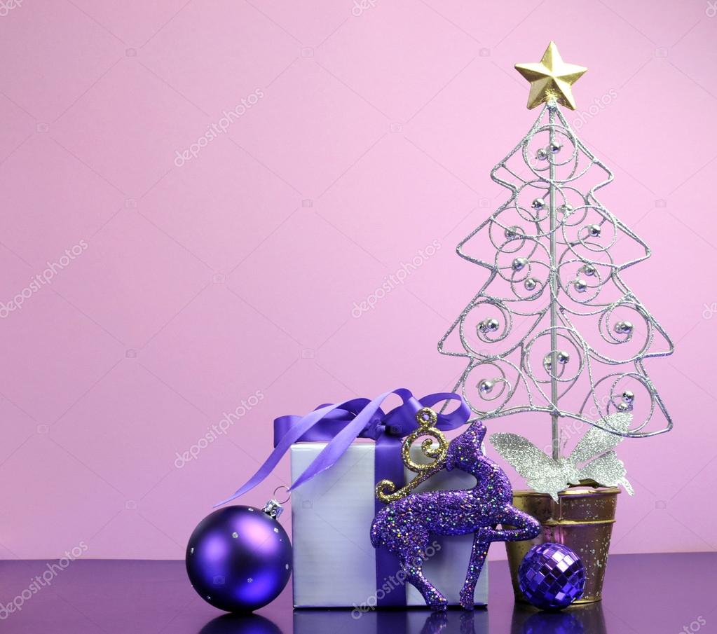Purple theme Christmas tree, gift and baubles festive holiday still ...