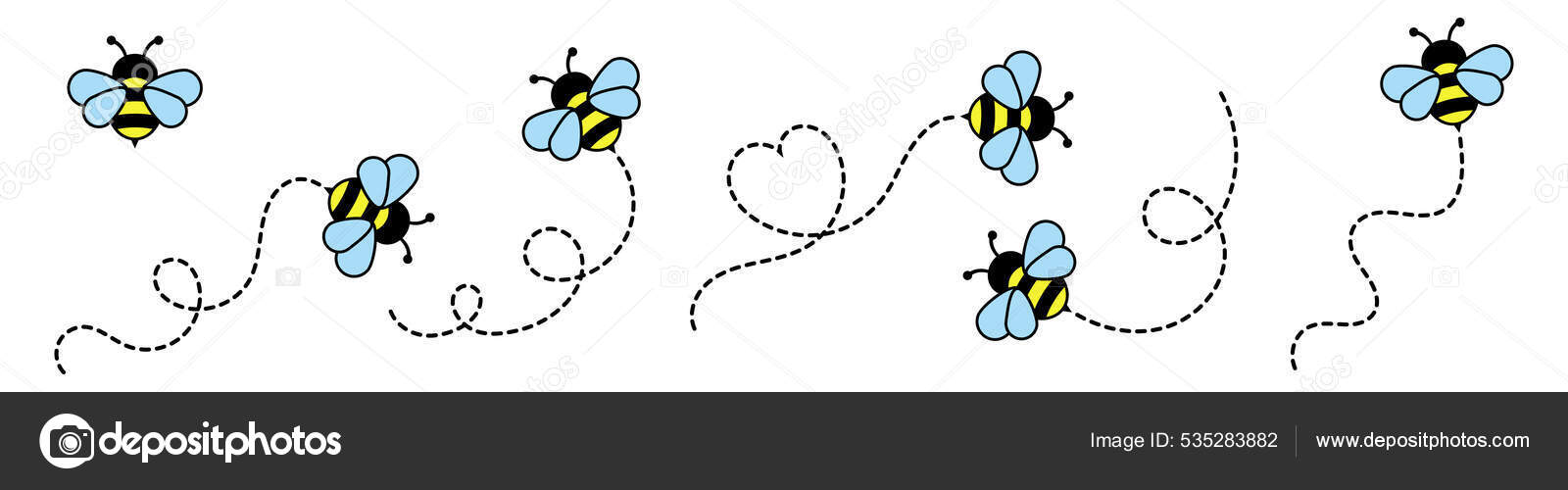 Cartoon Bee Flying Dotted Route Vector Illustration Isolated Background ...