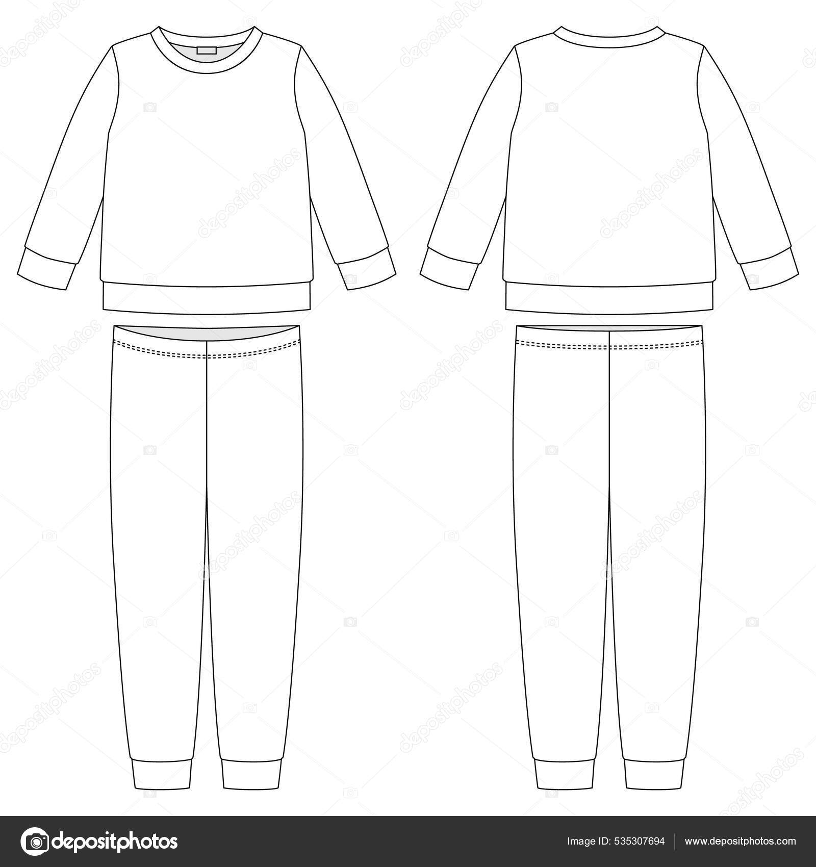 Apparel Pajamas Technical Sketch Kids Outline Nighwear Design Template ...